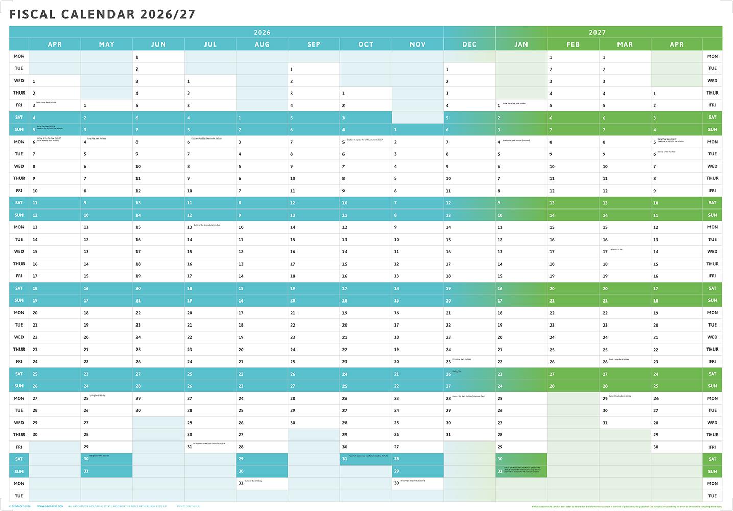 Tax Planner - 2026/27 Fiscal Wall Planner - Green (Giant 119x93cm ...