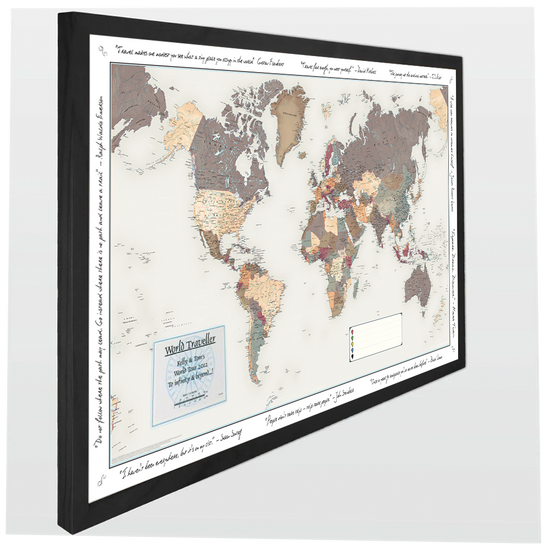 Personalised World Traveller Map - framed map of the world with pins ...