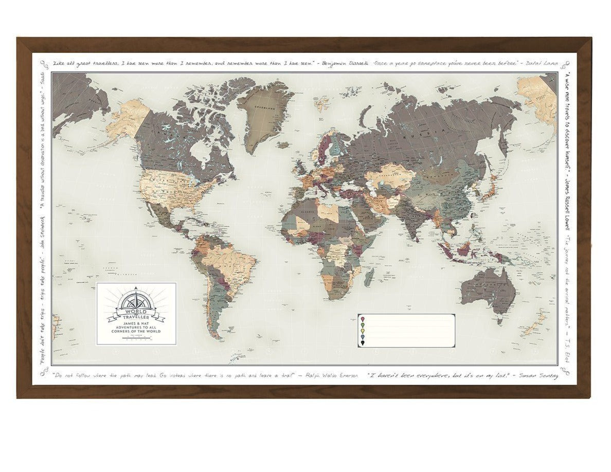 Personalised World Traveller Map - framed map of the world with pins ...